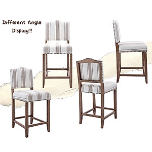 CIMOTA Counter Height Bar Stools Set of 2 Farmhouse Bar Chairs Mid Century Counter Stools Barstools with Back Kitchen Stools with Wood Legs for Island/Dining Room, Linen Beige Brown Stripe, 26 Inch