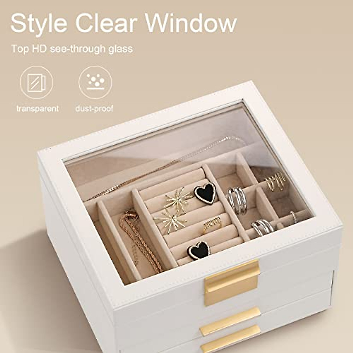 Somduy Jewelry Box Organizer for Women,3 Layers Jewelry Storage Display Box with Glass Lid,Gift for Christmas,3 Drawers,Large Capacity for Necklace Earrings Bracelets Rings,White