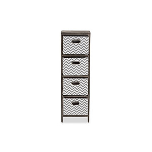 Baxton Studio Jorah Modern and Contemporary Grey and White Fabric Upholstered Greywashed Wood 4-Basket Tallboy Storage Unit