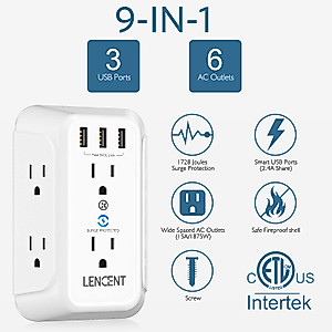 LENCENT USB Wall Charger, Surge Protector 6 Outlet Extender with 3 USB Ports, 1728J Power Strip Multi Plug,3-Sided Widely Spaced Adapter Multiple Expander,Mountable Wall tap for Home Travel Office