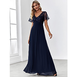 Ever-Pretty Women's Short Sleeve Sweetheart Illusion Wedding Party Maxi Dress Navy US14