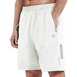 HIFEOS Mens Athletic Shorts -Running, Tennis Gym Workout Shorts for Men 5"/7"/9"- Comfort, Lightweight, 3 Zippered Pockets White