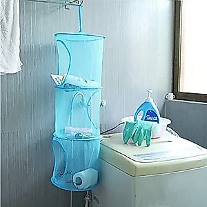 JIELUO 2pcs Hanging Mesh Storage Organizer Bag Foldable Space Saving Organizer with 2pcs S Hooks for Room Bathroom Wall Balcony Wardrobe(Grey，Blue)