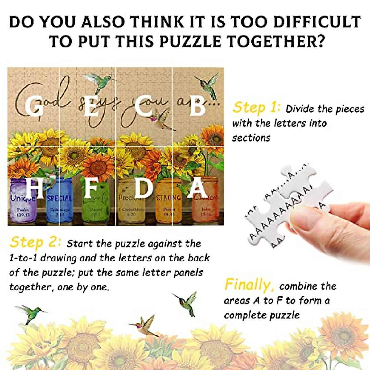 Sunflower Puzzle 500 Piece Puzzles for Adults - Retro Sunflowers and Farmhouse Yellow Flower Hummingbird Animal Inspirational Wooden Jigsaw Puzzles for Family Activities Games - God Says You are