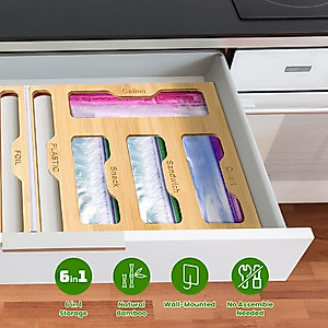 KOCASO 6 in 1 Foil and Plastic Ziplock Bag Organizer for Kitchen Drawer，Kitchen Countertop Organizer and Drawer Organizer for Gallon Quart Sandwich Snack