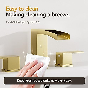 Phiestina 3 Hole 8 Inch Widespread Polished Gold Waterfall Bathroom Faucet with Metal Pop UP Drain and CUPC Water Supply Lines, NS-WF02-1-BG