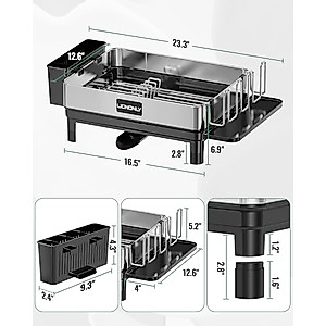 LIONONLY Dish Drying Rack, Thicker Premium 304 Stainless Steel Dish Racks for Kitchen Counter, Drainer & Drainboard Set with Adjustable Spout, Utensil Holder and Cup Holder, Black