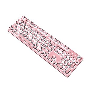 TISHLED Pink Typewriter Style Mechanical Gaming Keyboard White LED Backlit, 104-Key Anti-Ghosting Blue Switch Retro Steampunk Round Keycap Multifunction Knob Metal Panel Wired USB for PC, Mac, Laptop