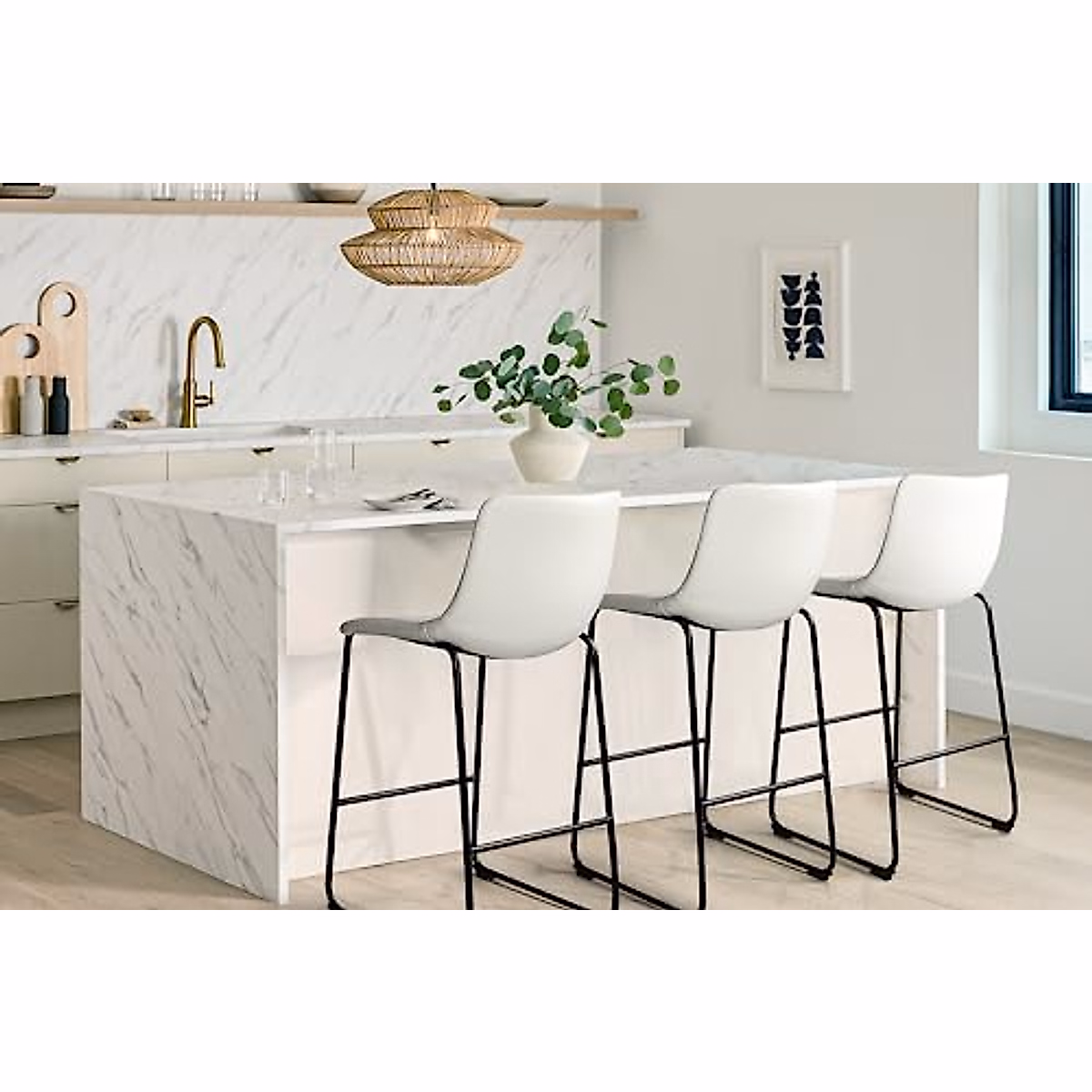 PUKAMI 26inch Bar Stools Set of 2,Counter Height Bar Stools,PU Leather Barstool,Armless Dining Chairs for Kitchen Island,Modern Stools with Metal Leg and Back (White, 26inch)