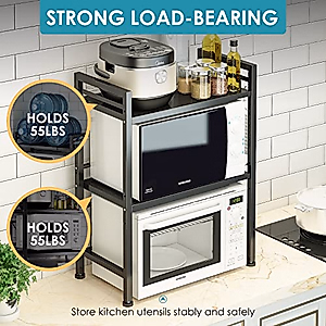 DOLALIKE Microwave Oven Rack, Expandable Microwave Stand Countertop Kitchen Utensils Tableware Storage, Carbon Steel Over Microwave Shelf Countertop 3 Tier with 3 Hooks