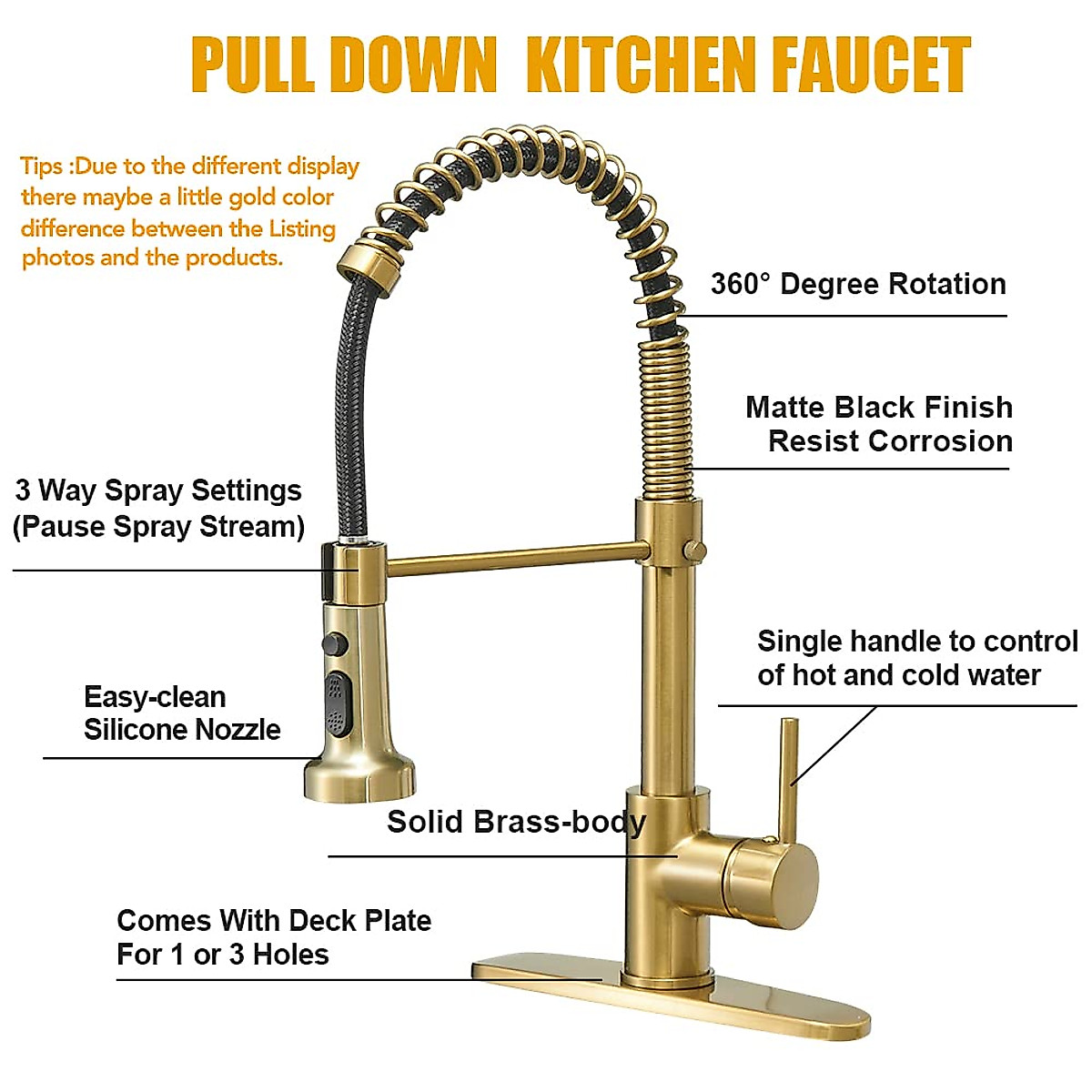 BESy Commercial Kitchen Faucet with Pull Down Sprayer, High-Arc Single Handle Single Lever Spring Rv Kitchen Sink Faucet with Pull Out Sprayer, 3 Function Laundry Faucet, Brushed Gold