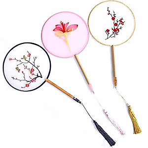 JOCERO Women Dancing Embroidery Flower Handheld Wooden Handle Fan Vintage Translucent Chinese Style Round Silk Fans with Tassels