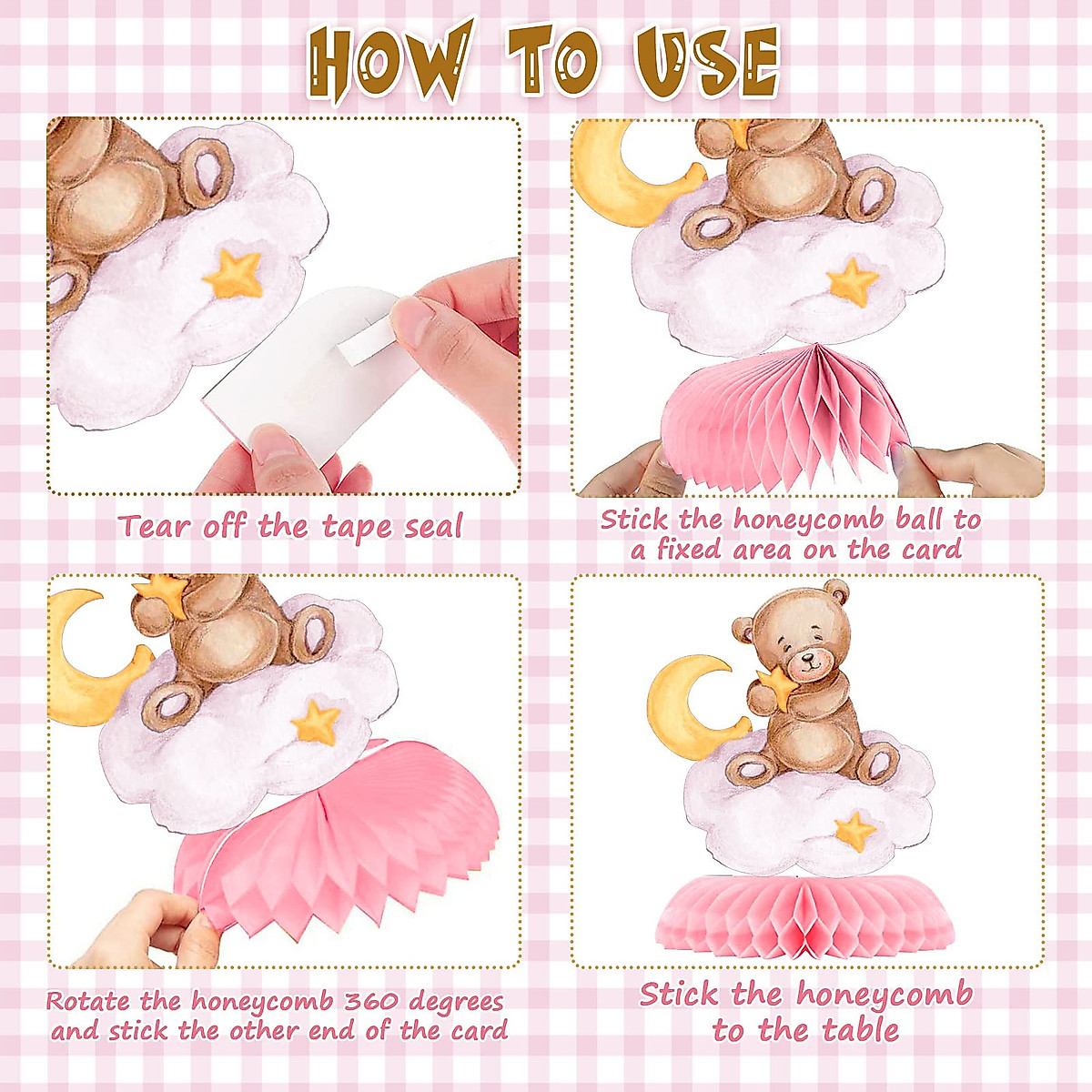 9 Pcs Bear Baby Shower Honeycomb Centerpieces Party Decorate Pink Little Bear Balloons Paper Topper Honeycomb 3D Table Decoration for Kids Party Baby Shower Party Supplies