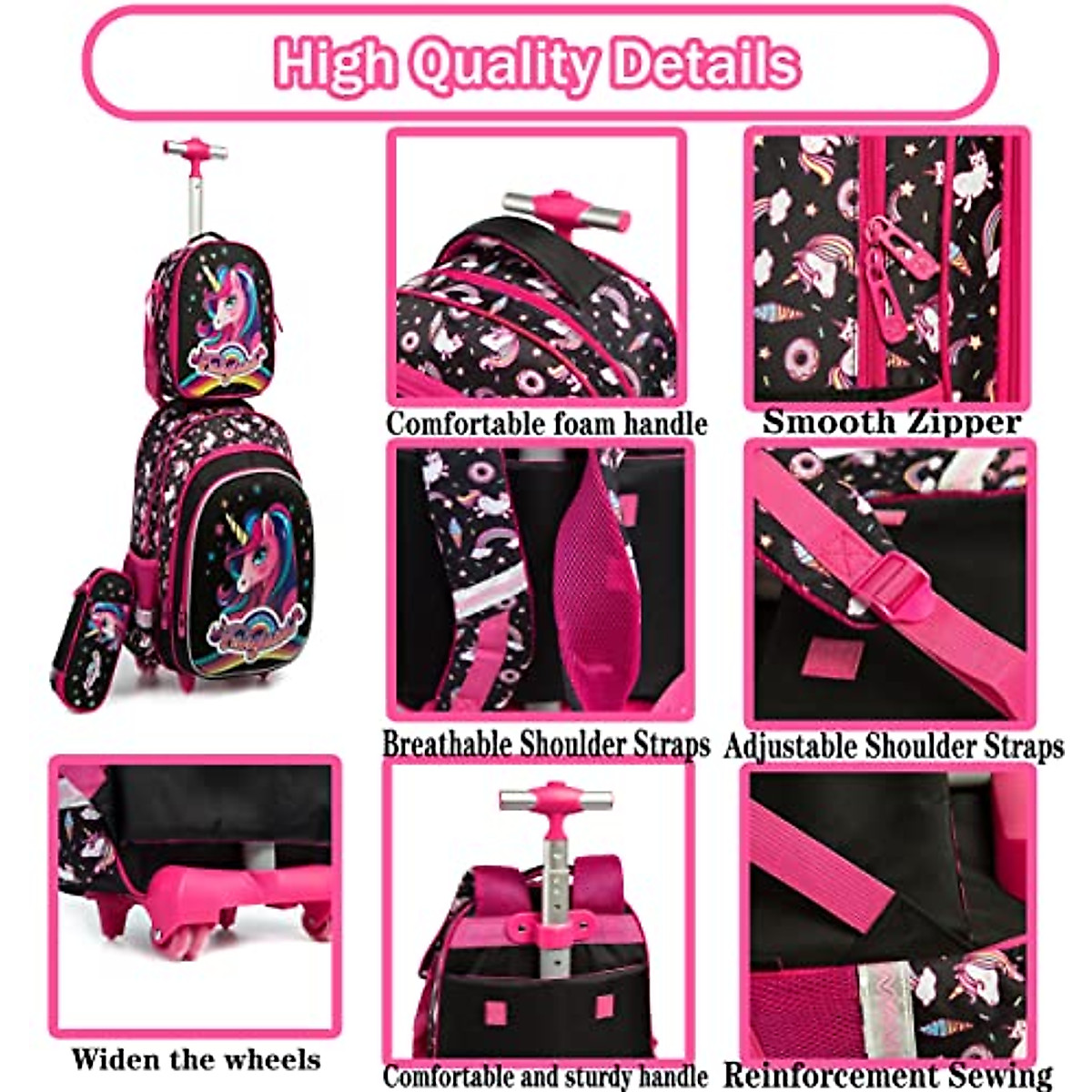 Girls Boys Kids Rolling Backpack with Wheels Trolley School Bag Waterproof Travel Luggage for Kids Girls and Students lunch bag Lightweight and Multi functional(Black Unicorn 16inch)