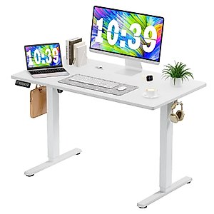 Sweetcrispy Electric Standing Desk - 48 x 24 inch Adjustable Height Sit to Stand Up Desk with Splice Board, Rising Home Office Computer Table with 2 Hook and Wire Hole for Work