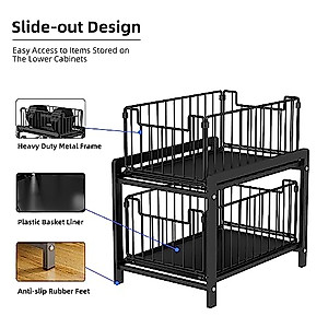 Lxmons 2 Tier Basket Drawer Organizer, Pull Out Under Sink Cabinets , Metal Home Organizer Shelf for Bathroom or Kitchen, Sliding Countertop or Pantry Storage shelf, Large Black