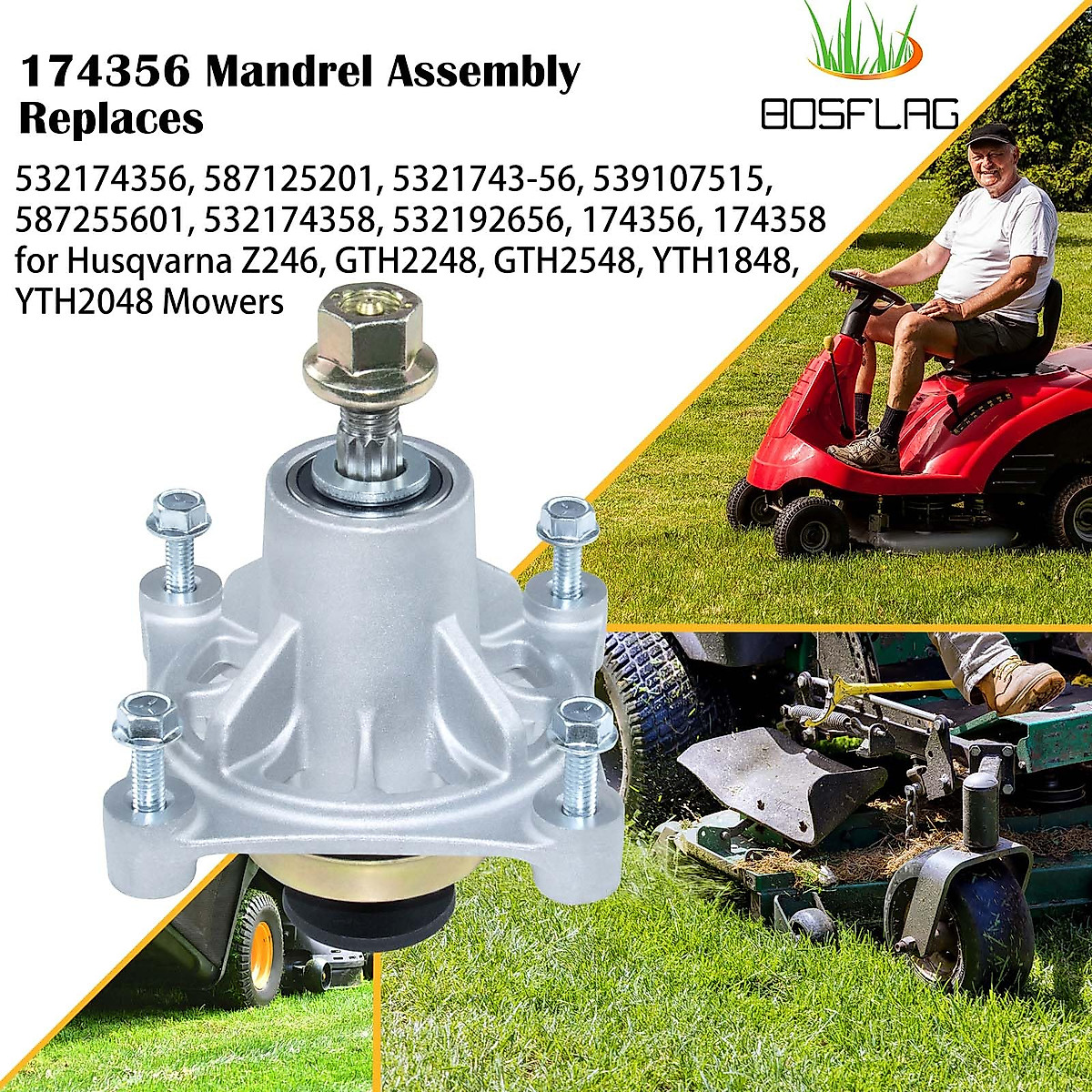 BOSFLAG 587125201 Spindle Replaces Husqvarna 587125201 Mandrel Assembly, Husqvarna 532174356, 539107515, 532174358, Craftsman 174356, 174358 for Husqvarna Z246, RZ4623, RZ5424, RZ46I Lawn Tractors