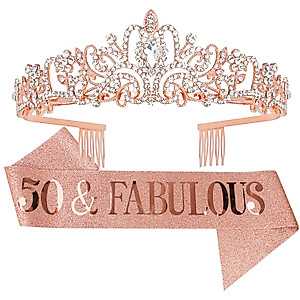 AOPRIE 50 Fabulous Birthday Crown Sash for Women Rose Gold Birthday Tiara for Girls 50th Birthday Gifts Decoration for Women Princess Crown Rhinestone Headband Happy Birthday Accessories