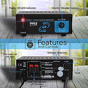 Pyle PCA1.5 2x15 Watt Stereo Power Amplifier - Compact Mini 2-Channel Portable Home Audio Speaker Receiver Box for Amplified Speakers Sound System with RCA Cable L/R Input for CD Player, Tuner, MP3