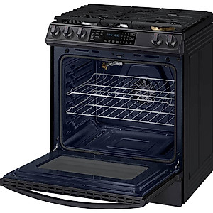 SAMSUNG 6.0 Cu Ft Smart Front Control Slide-In Gas Range Kitchen Stove w/ Air Fry, Convention+, Wi-Fi, Large Oven Capacity, NE60T8511SG/AA, Fingerprint Resistant Stainless Steel, Black