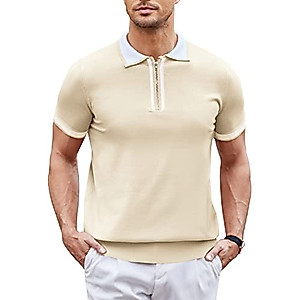 COOFANDY Mens Zipper Polo Shirt Short Sleeve Muscle Polo Shirt Golf Polo T Shirt Cream Color