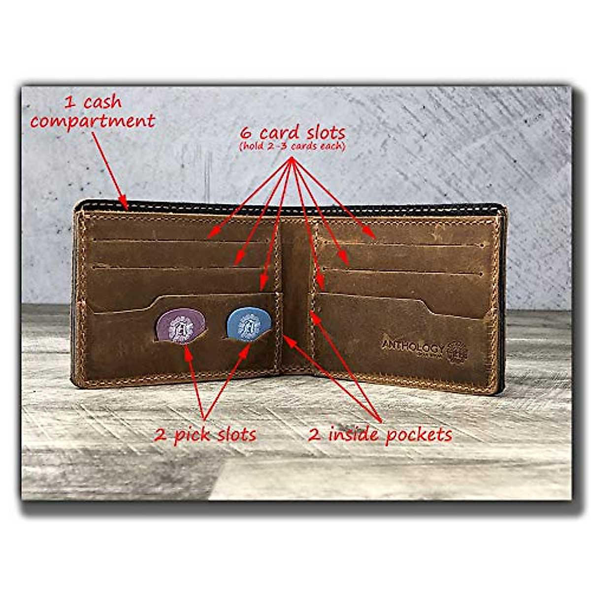 Anthology Gear Minimalist Bi-fold Leather Wallet - with Guitar Pick Holder Full Grain Leather (Whiskey Brown)