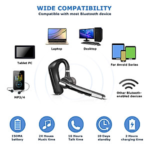 Bluetooth Headset CVC8.0 Dual-Mic Active Noise Cancelling Wireless Bluetooth Earpiece V5.1 Bluetooth Headphones 16 Hrs HD Talktime Hands-Free Earphones for Trucker/Business/Office/Driving (Black)