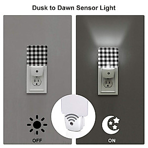 Night Light 2 Pack White and Black Buffalo Check Plaid Classic Led Lamp Plug in Wall Auto Dusk to Dawn Sensor Nightlight Decorative Bedroom, Toilet, Kids Room, Nursery, Hallway, Stairway, Bathroom
