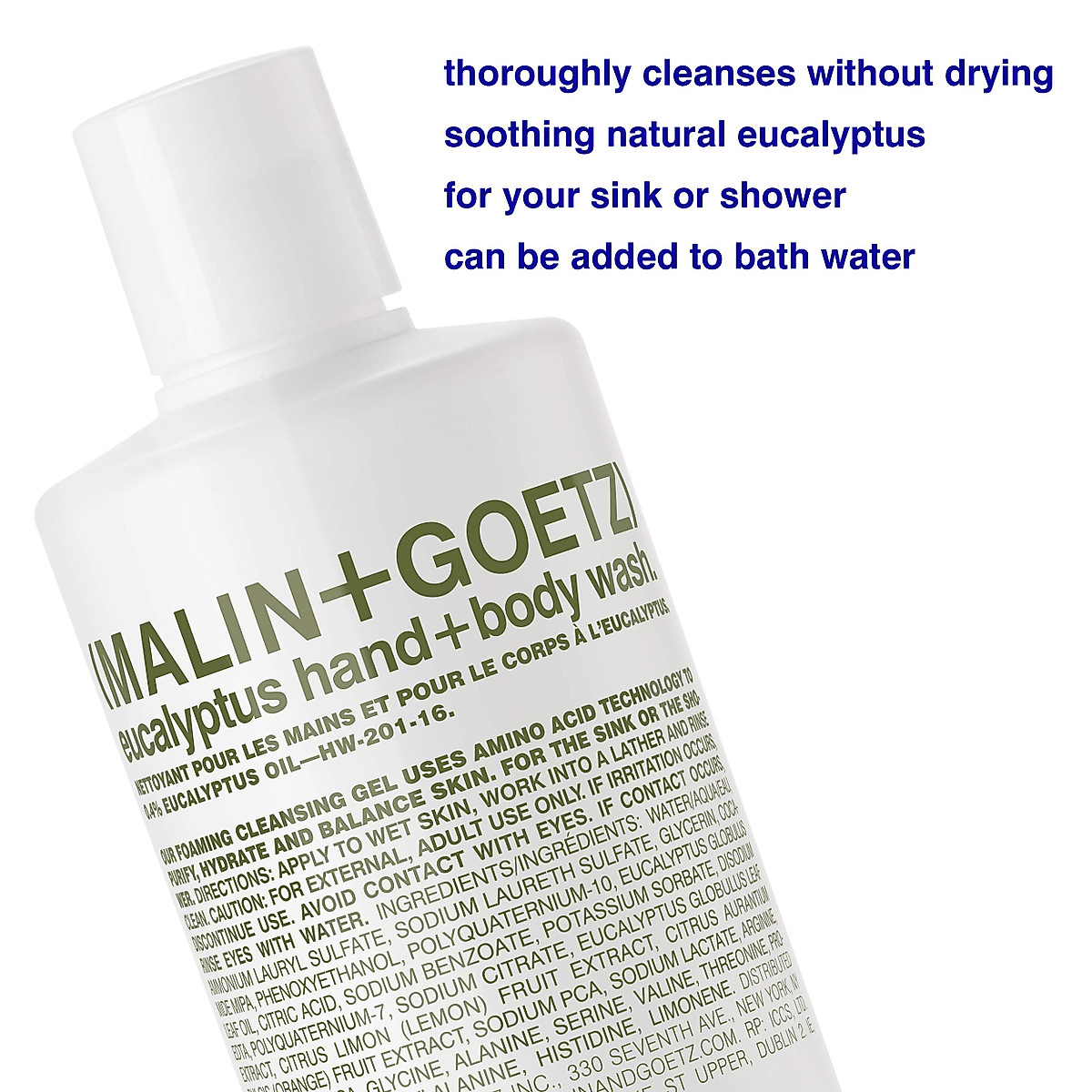 Malin + Goetz Eucalyptus Hand + Body Wash natural cleansing, purifying, hydrating hand & body wash. all skin types, dry, irritated, sensitive. No stripping/irritation. Cruelty-free & vegan 16 Fl oz