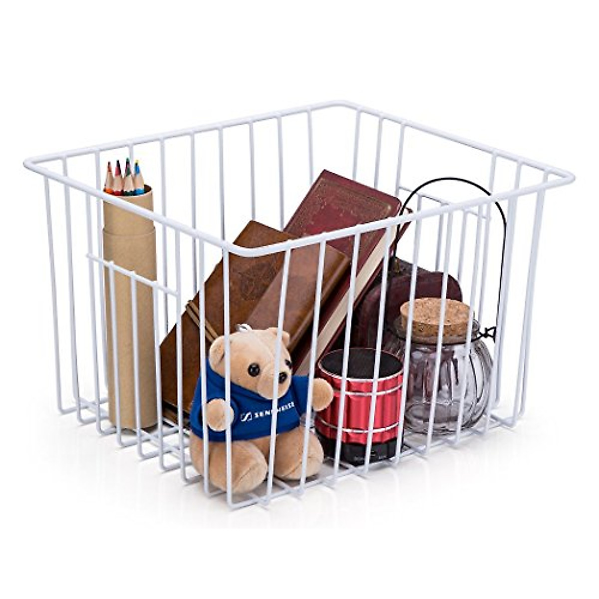 Slideep Freezer Baskets Storage Basket Organizers, Deep Wire Farmhouse Bins Container with Handles for Kitchen, Pantry, Cabinet, Car, Bathroom Pearl White, 4 Pack