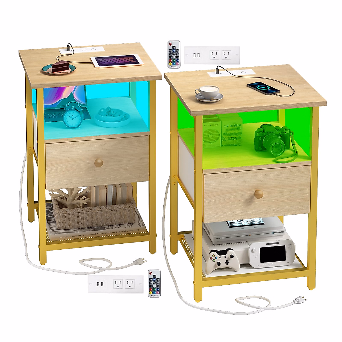 HDDDZSW LED Nightstands Set of 2 with Charging Station, Bedside Tables with USB Ports and Outlets, End Table with Fabric-Wood 2-in-1 Drawer for Small Spaces, Log-Color Side Table for Bedroom, Office