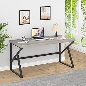 HSH Gray Computer Desk, Industrial Wood and Metal Home Office Desk, Farmhouse Rustic PC Laptop Desk for Executive Work Writing Study Gaming, Modern Simple Bedroom Computer Table, Light Grey Oak, 55 In