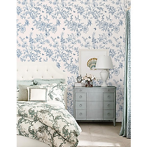 Froluya Vintage Floral Wallpaper Peel and Stick Wallpaper 118"x17.7" Removable Boho Peel and Stick Wallpaper Self Adhesive Wall Paper for Bedroom Cabinets Shelf Liner Vinyl Roll,Cream White and Blue