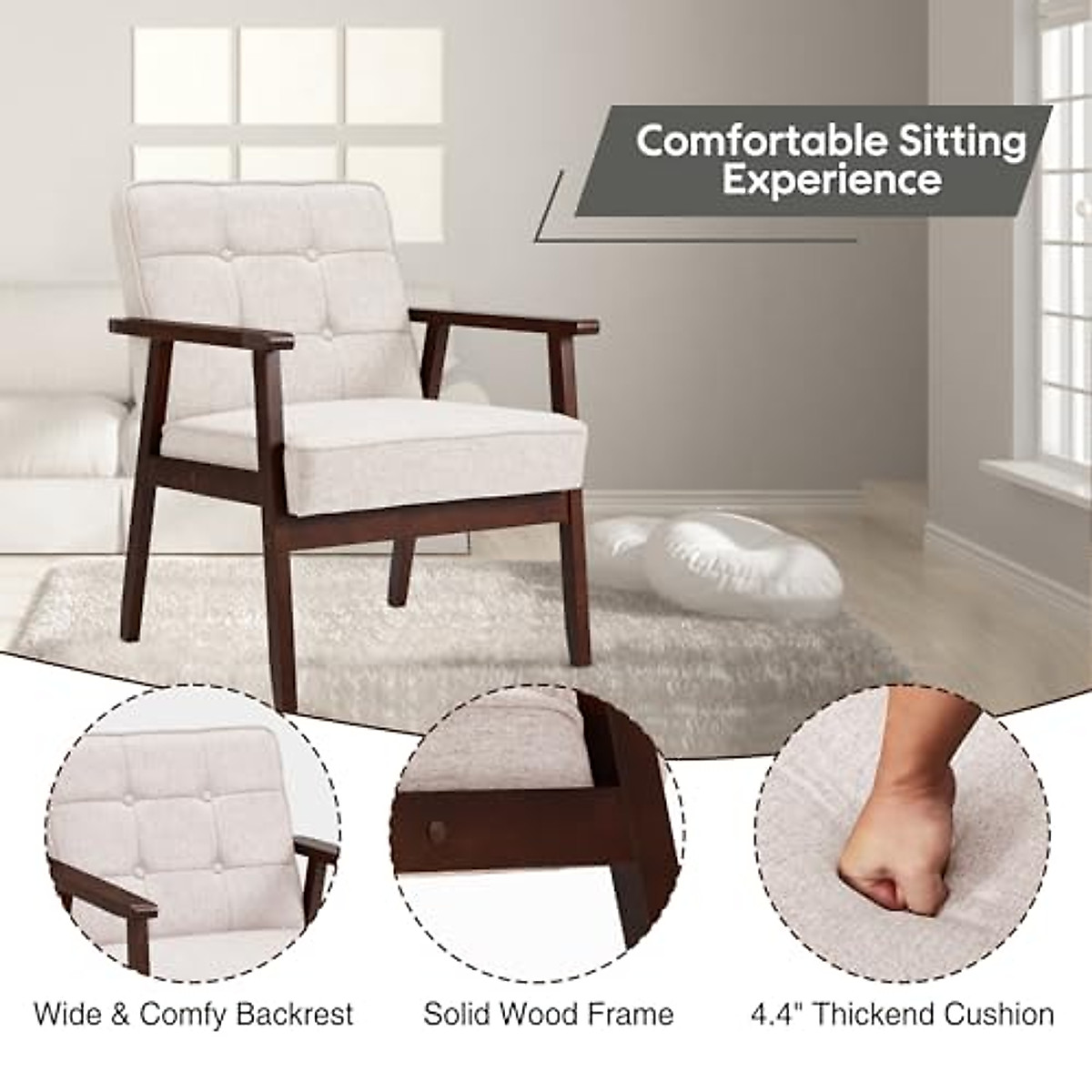 Hupmad Mid Century Accent Chair,Single Linen Upholstered Armchair with Solid Wood Frame,Wooden Side Chair Retro Lounge Sofa Leisure Chair for Living Room, Bedroom, Beige