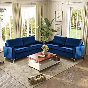 65'' Blue Couch for Small Space, Modern Comfy Upholstered 2-Seater Tufted Velvet Love Seat Sofa Couches for Livingroom Bedroom Apartment Furniture, Soft Foam Pocket Spring Hybrid Cushioned, Gold Leg