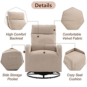 LUCKHAO Swivel Rocking Chair，Nursery Swivel Glide Armchair Linden Fabric Upholstered Modern Rocking Chairs with High Backrest for Nursery, Bedroom, Living Room（Beige