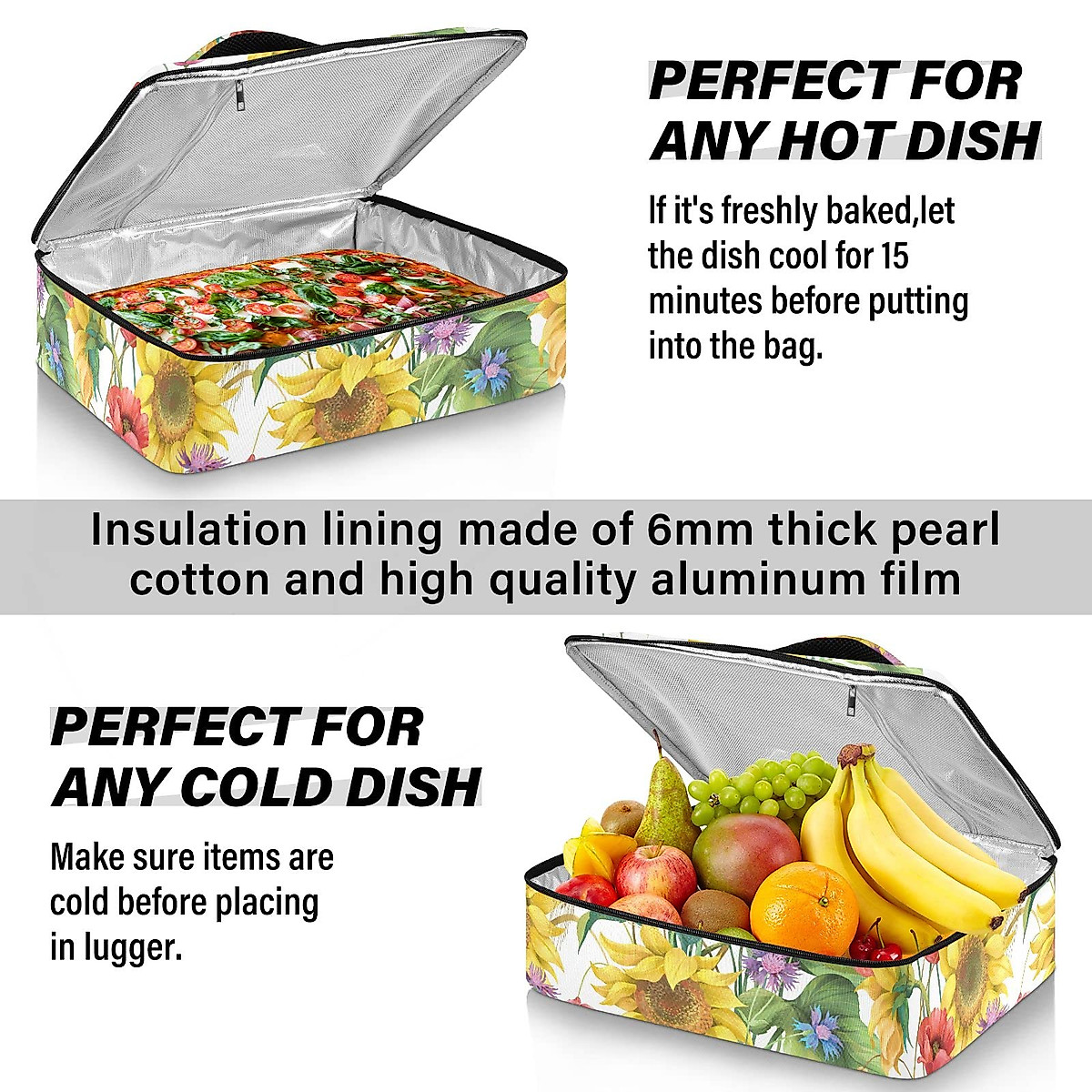 Kigai Sunflower Cornflower Poppy Pattern Insulated Casserole Carriers for Hot or Cold Food Storage, Perfect for Parties, Picnics, and Camping; Fits 9” x 13”Baking Dishes; Casserole Carrying Case
