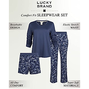 Lucky Brand Women's Pajama Set - 3 Piece Long Sleeve Night Shirt, Sleep Pants, Lounge Shorts (S-XL), Size X-Large, Denim Blue