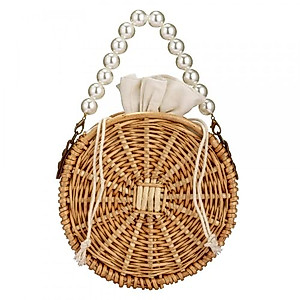 Round Rattan Bag, Pearl Purse, Summer Tote Bag, Top Handle Handbag, Beach Bag Purse for Women, Top Handle Handbag