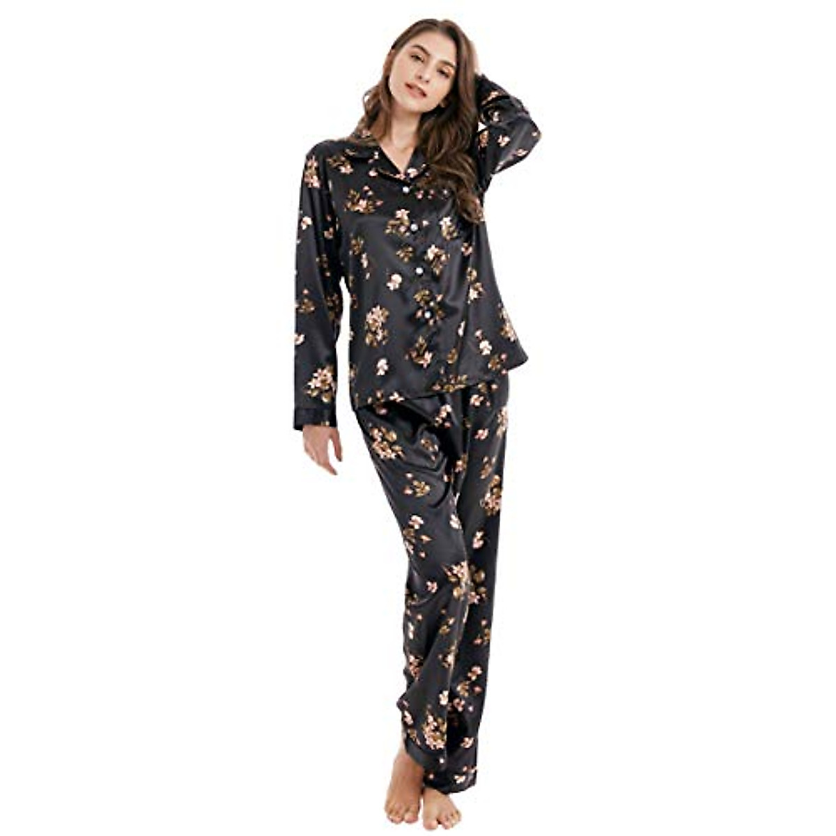 Tony & Candice Women's Classic Satin Pajama Set Sleepwear Loungewear (Black with Flower Pattern, Small)