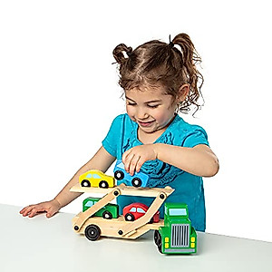 Melissa &amp; Doug Car Carrier Truck and Cars Wooden Toy Set With 1 Truck and 4 Cars - Wooden Cars, Vehicle Toys, Push And Go Wooden Trucks For Toddlers And Kids Ages 3+