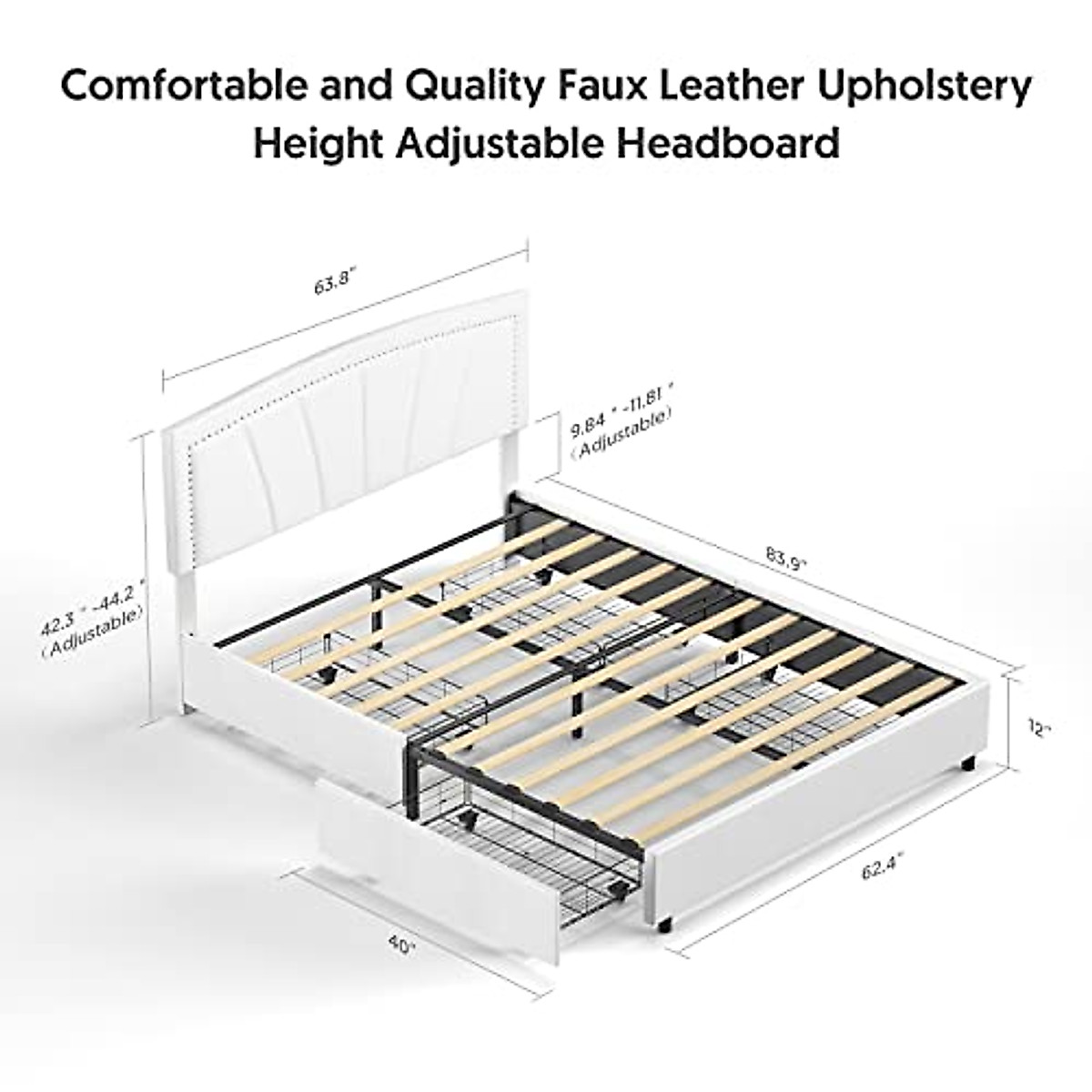 BONSOIR Queen Size Storage Bed Frame Upholstered Low Profile Traditional Platform with Tufted and Nail Headboard/No Box Spring Needed/4 Pull Out Drawers/Light Grey Linen Fabric (Queen Size)