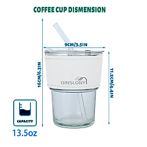QINSLONY Iced Coffee Cup, 13oz Glass Tumbler with Lid and Glass Straw, Thick Wall Water Cup, Reusable Coffee Tumbler Sealed Carry on, Glass Coffee Mug with Leather Sleeve