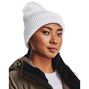 Under Armour Womens Halftime Ribbed Pom Beanie, (100) White/White/Ghost Gray, One Size Fits Most