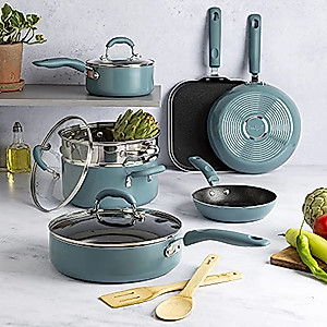 Goodful Cookware Set with Premium Non-Stick Coating, Dishwasher Safe Pots and Pans, Tempered Glass Steam Vented Lids, Stainless Steel Steamer, and Bamboo Cooking Utensils Set, 12-Piece, Turquoise