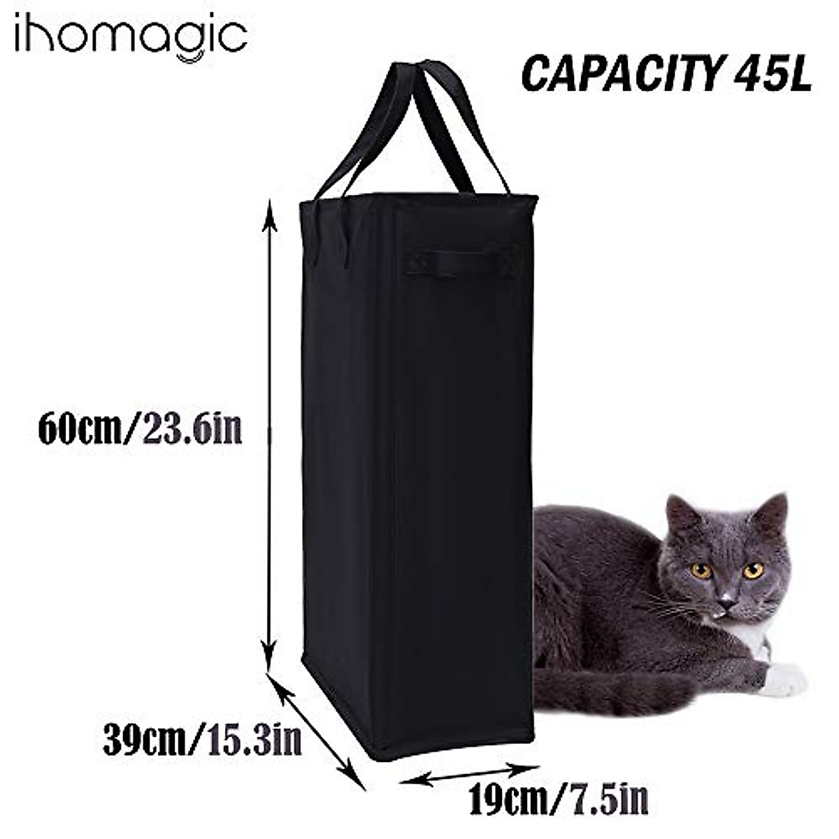IHOMAGIC 45L Laundry Hamper, Slim Portable Laundry Washing Basket with Long Handles, Rectangular Thin Tall Laundry Bins Foldable Waterproof Oxford Fabric, Dirty Clothes Organizer for Bedroom (Black)