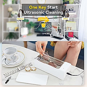 Ultrasonic Jewelry Cleaner, EIWEI 50kHz Ultrasonic Cleaner, 600ML Jewelry Cleaning Machine with SUS304 Material, 3-Minutes Quick Cleaning for Ring, Eyeglass, Retainer, Makeup Brush, Coins (White)