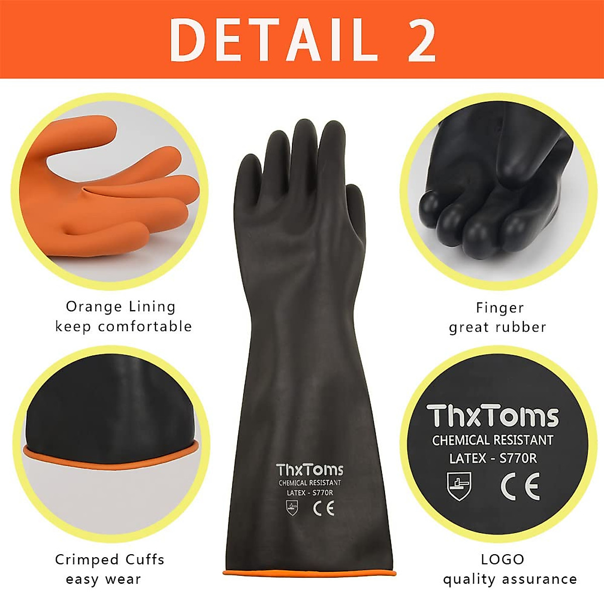 ThxToms Heavy Duty Latex Gloves, Resist Strong Acid, Alkali and Oil, 14", 1 Pair