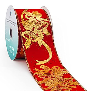 CT CRAFT LLC Red Velvet Gold Christmas Bell Wired Ribbon 2.5 Inch x 10 Yards for Christmas Home Decor Tree Topper Bow Gift Wrapping DIY Crafts Wreath Garland