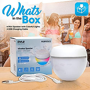 Pyle Floating Pool Speaker w/Lights Show, Waterproof Bluetooth Speaker, IP68, Crystal Clear Sound Quality, Surround Stereo Sound, Wireless 50 ft Range, for Shower, Hot Tub, Beach, Travel (White)